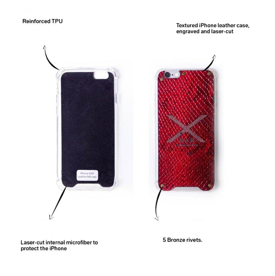 Luxurious Genuine Varnished Python Pattern Leather Case for iPhone. Engraved and Laser-Cut with 5 Bronze Rivets.- F036 (iPhone XR, Varnished Red Python)