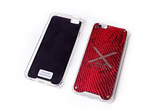 Luxurious Genuine Varnished Python Pattern Leather Case for iPhone. Engraved and Laser-Cut with 5 Bronze Rivets.- F036 (iPhone XR, Varnished Red Python)