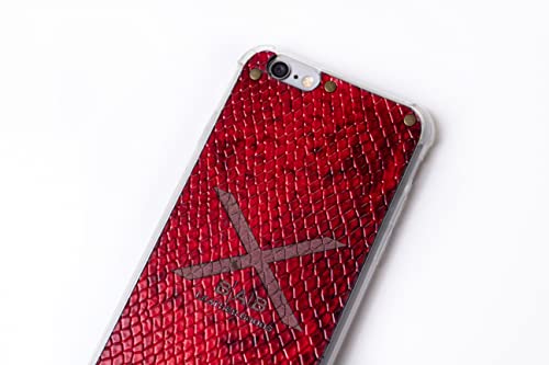 Luxurious Genuine Varnished Python Pattern Leather Case for iPhone. Engraved and Laser-Cut with 5 Bronze Rivets.- F036 (iPhone XR, Varnished Red Python)