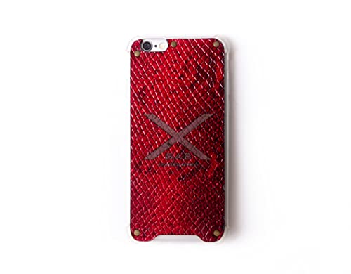 Luxurious Genuine Varnished Python Pattern Leather Case for iPhone. Engraved and Laser-Cut with 5 Bronze Rivets.- F036 (iPhone XR, Varnished Red Python)