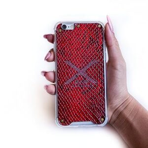 Luxurious Genuine Varnished Python Pattern Leather Case for iPhone. Engraved and Laser-Cut with 5 Bronze Rivets.- F036 (iPhone XR, Varnished Red Python)