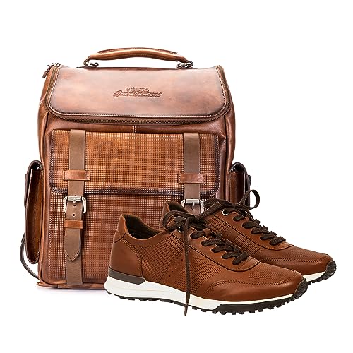 VELEZ 10.5 Mens Brown Business Casual Sneakers + Full Grain Leather Backpack for Men Tan Designer Bookbag Business Casual Shoulder Bag