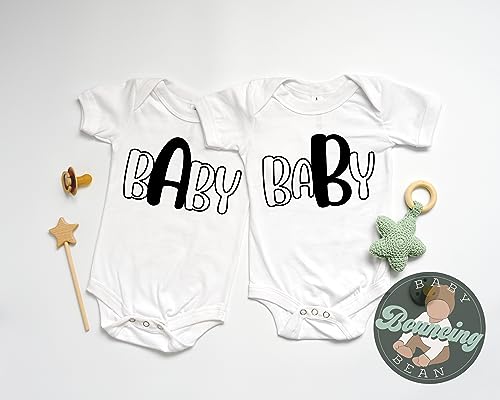 Twin A and Twin B baby boy and girl bodysuits matching twin sets (6-9 Month US)