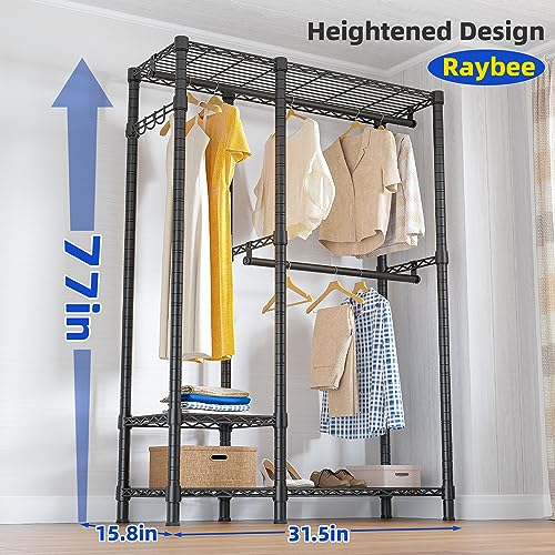 Raybee 77" H Clothes Rack Heavy Duty Clothing Racks for Hanging Clothes Portable Closet Racks for Hanging Clothes Free Standing Clothes Rack Wire Garment Rack Sturdy & Stable Black 77"Hx31.5"Wx15.8"D