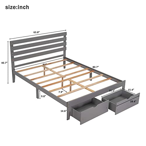 Queen Size Wood Platform Bed Frame with 2 Storage Drawers, Modern Classic Platform Bed with Headboard, Wood Slats Support, No Box Springs Needed for Bedroom Girls Boys (Grey)