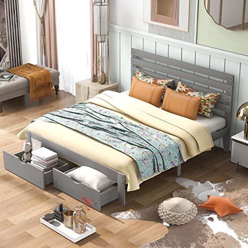 Queen Size Wood Platform Bed Frame with 2 Storage Drawers, Modern Classic Platform Bed with Headboard, Wood Slats Support, No Box Springs Needed for Bedroom Girls Boys (Grey)