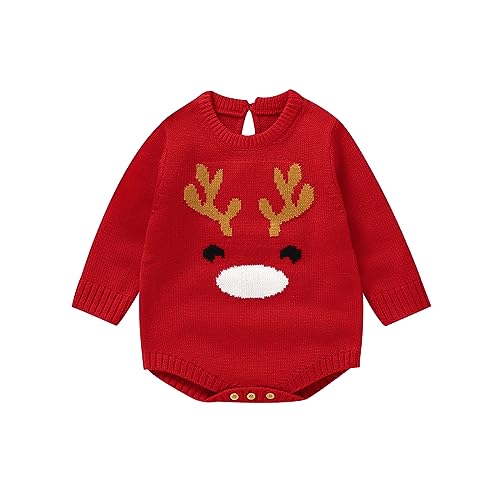 Baby Christmas Romper Sweater Crew Neck Deer Print Long Sleeve Knitted Pullover Tops Spring Fall Winter Bodysuit (Red, 6-9 Months)