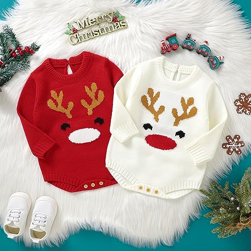 Baby Christmas Romper Sweater Crew Neck Deer Print Long Sleeve Knitted Pullover Tops Spring Fall Winter Bodysuit (Red, 6-9 Months)