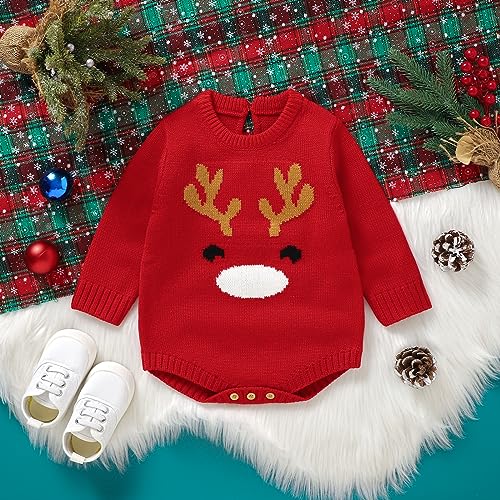 Baby Christmas Romper Sweater Crew Neck Deer Print Long Sleeve Knitted Pullover Tops Spring Fall Winter Bodysuit (Red, 6-9 Months)