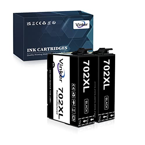 Vinker 702XL Remanufactured Ink Cartridge Replacement for Epson 702 Black Ink Cartridges T702XL T702 for Workforce Pro WF-3720 WF-3730 WF-3733 Printer (Black Only, 2 Pack)