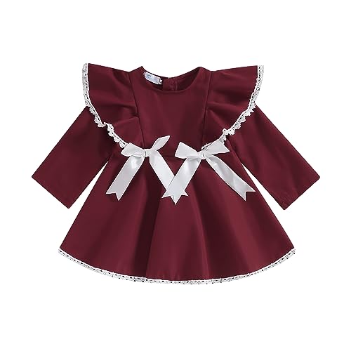 Baby Girl A Line Dress Long Sleeve Ruffles Crew Neck Lace Patchwork Bowknot Contrast Color Princess Spring Autumn (Red, 2-3 Years)