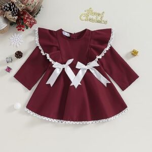 Baby Girl A Line Dress Long Sleeve Ruffles Crew Neck Lace Patchwork Bowknot Contrast Color Princess Spring Autumn (Red, 2-3 Years)