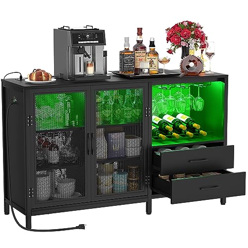 Cyclysio Wine Bar Cabinet with Power Outlets and LED Lights, Coffee Bar Station with Wine Rack, Industrial Sideboard Buffet with Drawers, Large Bar Cabinet for Liquor and Glasses, Home Bar, Black