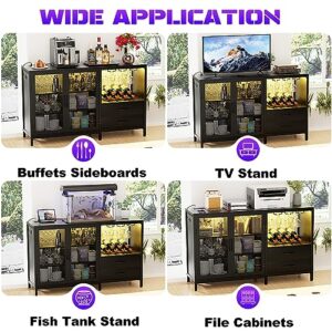 Cyclysio Wine Bar Cabinet with Power Outlets and LED Lights, Coffee Bar Station with Wine Rack, Industrial Sideboard Buffet with Drawers, Large Bar Cabinet for Liquor and Glasses, Home Bar, Black