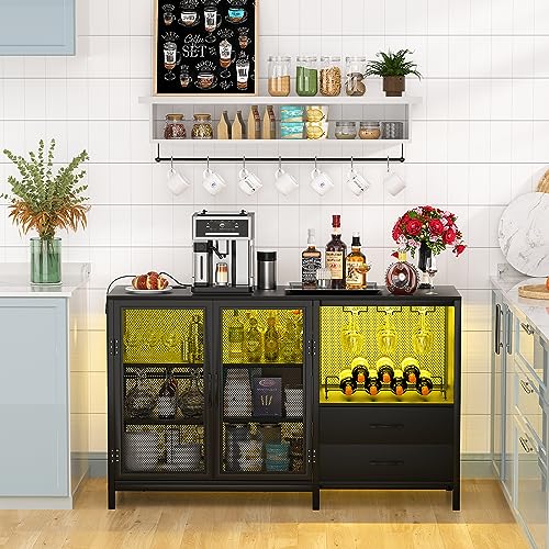 Cyclysio Wine Bar Cabinet with Power Outlets and LED Lights, Coffee Bar Station with Wine Rack, Industrial Sideboard Buffet with Drawers, Large Bar Cabinet for Liquor and Glasses, Home Bar, Black