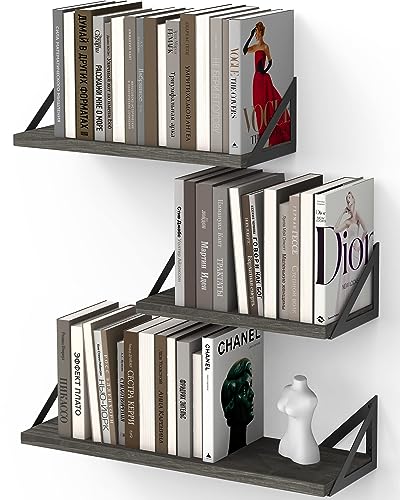 BAYKA Floating Shelves for Bedroom Decor, Rustic Wood Wall Shelves for Living Room Wall Mounted, Hanging Shelving for Bathroom, Laundry Room, Small Shelf for Plants, Books(Charcoal,Set of 3)