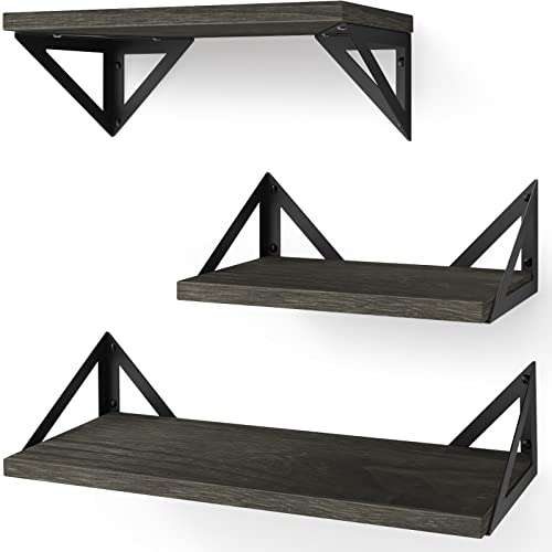 BAYKA Floating Shelves for Bedroom Decor, Rustic Wood Wall Shelves for Living Room Wall Mounted, Hanging Shelving for Bathroom, Laundry Room, Small Shelf for Plants, Books(Charcoal,Set of 3)