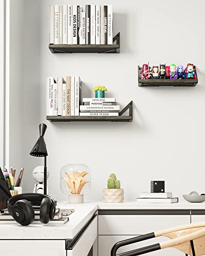 BAYKA Floating Shelves for Bedroom Decor, Rustic Wood Wall Shelves for Living Room Wall Mounted, Hanging Shelving for Bathroom, Laundry Room, Small Shelf for Plants, Books(Charcoal,Set of 3)