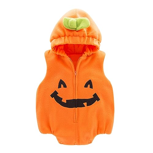 JeuaPho Newborn Baby Halloween Costume Outfit Cartoon Print Fuzzy Sleeveless V-Neck Hood Top Blouse Cosplay Clothes (02 Orange, S)