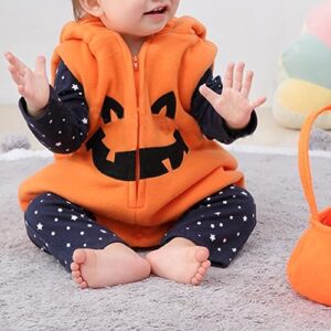 JeuaPho Newborn Baby Halloween Costume Outfit Cartoon Print Fuzzy Sleeveless V-Neck Hood Top Blouse Cosplay Clothes (02 Orange, S)