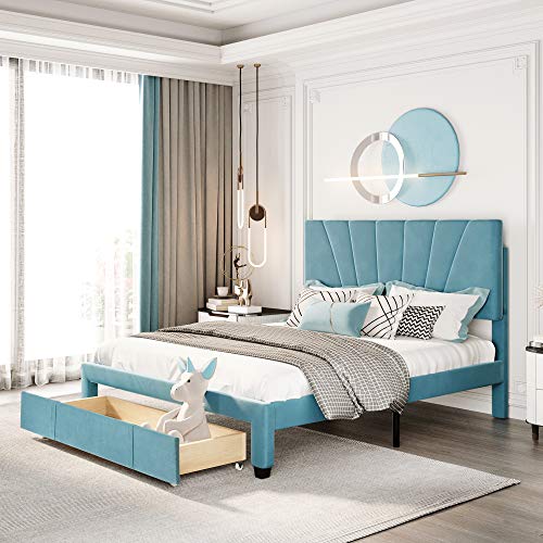 Livavege Queen Size Upholstered Platform Bed Frame with a Big Drawer, Queen Bed Frames with Velvet Headboard, Wooden Slats Support, Storage Bedframe No Box Spring Needed, Easy Assembly