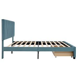 Livavege Queen Size Upholstered Platform Bed Frame with a Big Drawer, Queen Bed Frames with Velvet Headboard, Wooden Slats Support, Storage Bedframe No Box Spring Needed, Easy Assembly