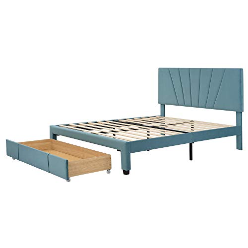 Livavege Queen Size Upholstered Platform Bed Frame with a Big Drawer, Queen Bed Frames with Velvet Headboard, Wooden Slats Support, Storage Bedframe No Box Spring Needed, Easy Assembly