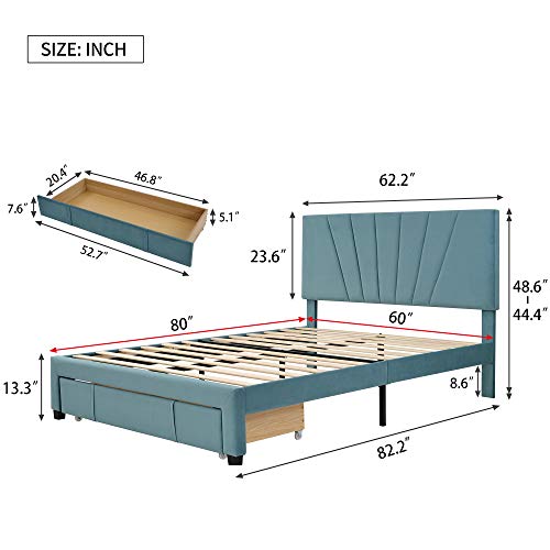 Livavege Queen Size Upholstered Platform Bed Frame with a Big Drawer, Queen Bed Frames with Velvet Headboard, Wooden Slats Support, Storage Bedframe No Box Spring Needed, Easy Assembly