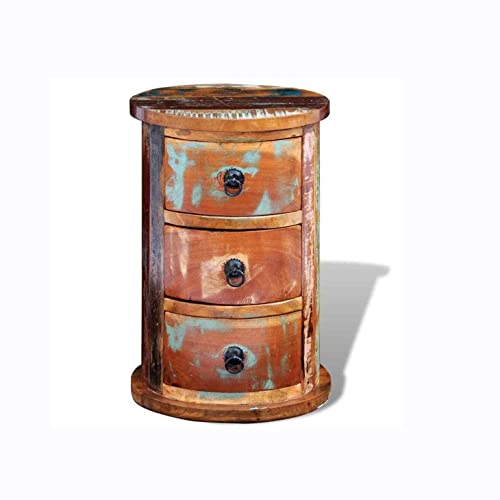 MAXCBD Nightstand Bedside Table Drawer Cabinet Reclaimed Cabinet with 3 Drawers Solid Wood Antique-Style Wooden Round Cabinet Storage Tower Dresser