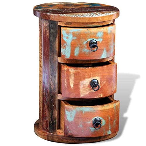 MAXCBD Nightstand Bedside Table Drawer Cabinet Reclaimed Cabinet with 3 Drawers Solid Wood Antique-Style Wooden Round Cabinet Storage Tower Dresser