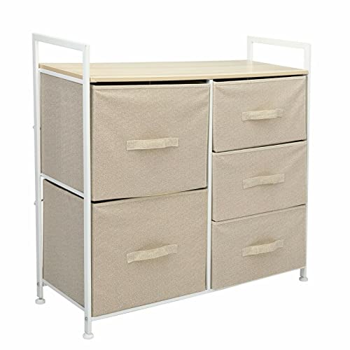 Nightstand Bedside Table Drawer Cabinet Dresser Storage Shelf W 5 Fabric Drawers Metal Frame Wooden Tabletop Bedroom Modern and Simple Style Storage Tower Dresser