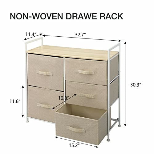 Nightstand Bedside Table Drawer Cabinet Dresser Storage Shelf W 5 Fabric Drawers Metal Frame Wooden Tabletop Bedroom Modern and Simple Style Storage Tower Dresser