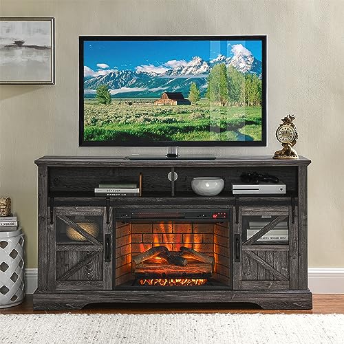 AUWHALEUS 60" Electric Fireplace TV Stand Industrial & Farmhouse Entertainment Console Center with Storaged Cabinet LED Faux Fire, Remote Control, 3D Flame Effect for Living Room, Dark Rustic Oak