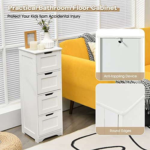 MAXCBD Nightstand Bedside Table Drawer Cabinet Bathroom Floor Cabinet Free-Standing Side Storage Organizer W /4 Drawers White Bathroom Cabinet Storage Tower Dresser