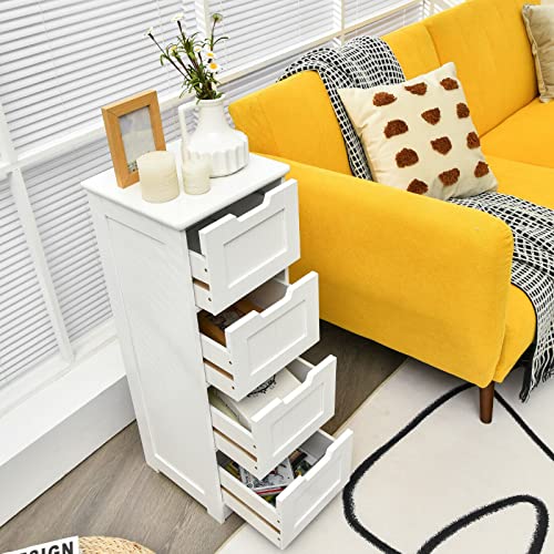 MAXCBD Nightstand Bedside Table Drawer Cabinet Bathroom Floor Cabinet Free-Standing Side Storage Organizer W /4 Drawers White Bathroom Cabinet Storage Tower Dresser