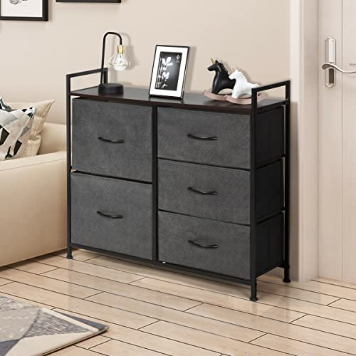 MAXCBD Nightstand Bedside Table Drawer Cabinet Cube Storage Cabinet Wide Dresser Organizer Unit 5 Easy Pull Fabric Drawers Home Simple and Fashionable Style Easily Storage Tower Dresser