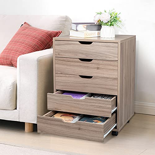 MAXCBD Nightstand Bedside Table Drawer Cabinet Chest of Drawers 5 Drawer Dresser Bedroom Nightstand Storage Cabinet Brown Multifunctional Storage Shelves Storage Tower Dresser