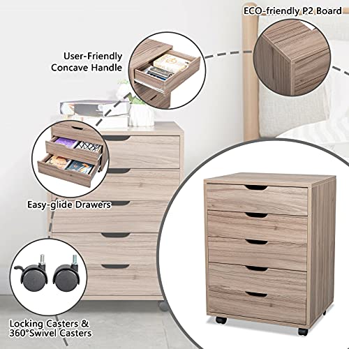 MAXCBD Nightstand Bedside Table Drawer Cabinet Chest of Drawers 5 Drawer Dresser Bedroom Nightstand Storage Cabinet Brown Multifunctional Storage Shelves Storage Tower Dresser