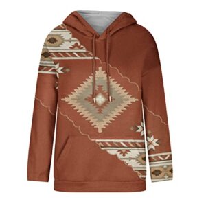 Ceboyel Women Western Aztec Hoodies Drawstring Sweatshirt Pullover Ethnic Vintage Graphic Shirts Tops Causal Fall Clothes sweatshirts for Women Trendy Coffee L