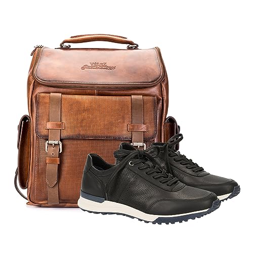 VELEZ 9 Mens Black Business Casual Sneakers + Full Grain Leather Backpack for Men Tan Designer Bookbag Business Casual Shoulder Bag