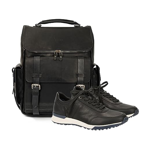 VELEZ 12 Mens Business Casual Sneakers + Top Grain Leather Backpack for Men Black Designer Bookbag Business Casual Shoulder Bag