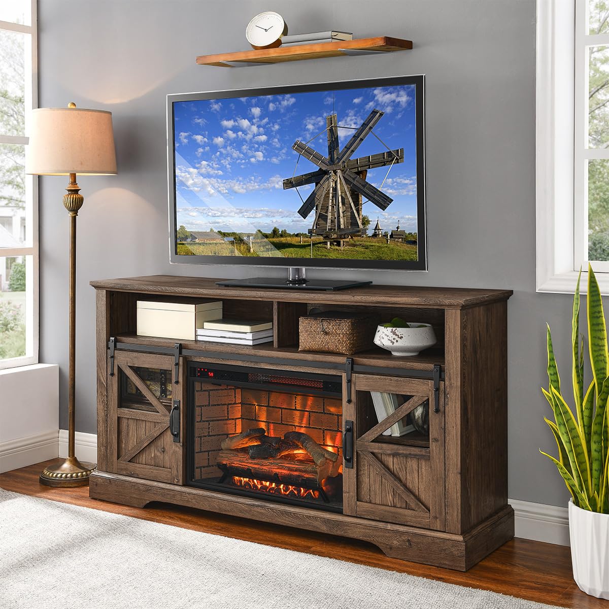 60'' Electric Fireplace TV Stand, Media Console Table for TVs up to 70 Inches, Farmhouse Entertainment Center with Door Sensor, 27.2 Inch Fireplace Insert, Sliding Barn Door, Brown