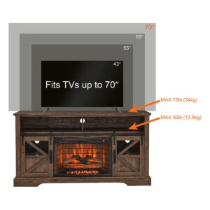 60'' Electric Fireplace TV Stand, Media Console Table for TVs up to 70 Inches, Farmhouse Entertainment Center with Door Sensor, 27.2 Inch Fireplace Insert, Sliding Barn Door, Brown