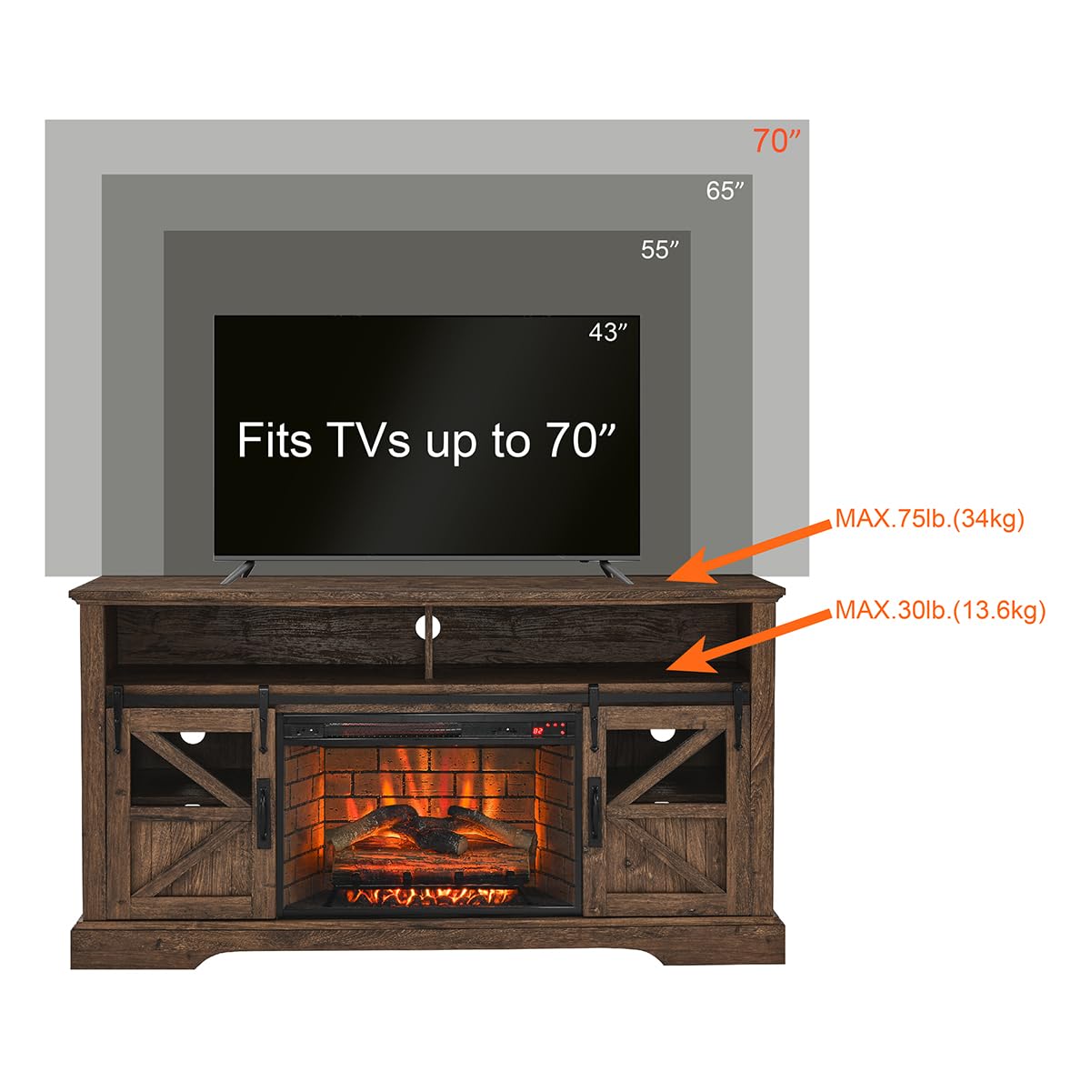 60'' Electric Fireplace TV Stand, Media Console Table for TVs up to 70 Inches, Farmhouse Entertainment Center with Door Sensor, 27.2 Inch Fireplace Insert, Sliding Barn Door, Brown