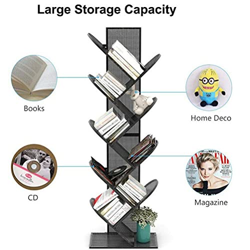 Tall Bookcase Storage Shelf Organizer Bookcase Organizer,Black Metal 9 Tier Corner Bookshelf Tree Bookcase CD Rack Display Large Storage for Bedroom, Living Room