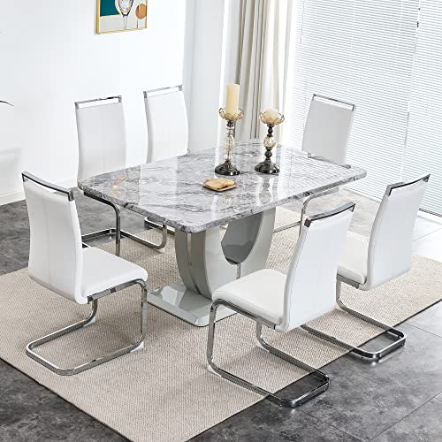 Goderfuu Marble Dining Table for 8 People - 71 inch Modern Kitchen Dining Room Table with Grey U-Base, Faux Marble Dining Table Pedestal Table Dinner Table, Large Marble Table for Dining Room