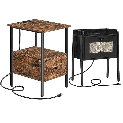 MAHANCRIS 2 End Table with Charging Station, Side Table with Imitation Rattan Drawer, 17.3-Inch Bedside Table with Wooden Drawer, Stable Beside Table, Narrow Side Table for Bedroom ETHR44E01-ETHB73E01