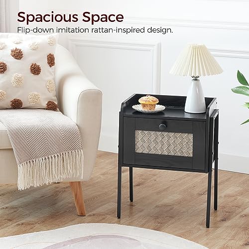 MAHANCRIS 2 End Table with Charging Station, Side Table with Imitation Rattan Drawer, 17.3-Inch Bedside Table with Wooden Drawer, Stable Beside Table, Narrow Side Table for Bedroom ETHR44E01-ETHB73E01