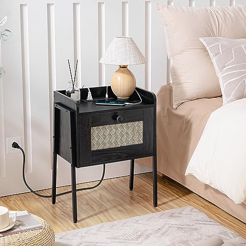 MAHANCRIS 2 End Table with Charging Station, Side Table with Imitation Rattan Drawer, 17.3-Inch Bedside Table with Wooden Drawer, Stable Beside Table, Narrow Side Table for Bedroom ETHR44E01-ETHB73E01