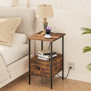 MAHANCRIS 2 End Table with Charging Station, Side Table with Imitation Rattan Drawer, 17.3-Inch Bedside Table with Wooden Drawer, Stable Beside Table, Narrow Side Table for Bedroom ETHR44E01-ETHB73E01